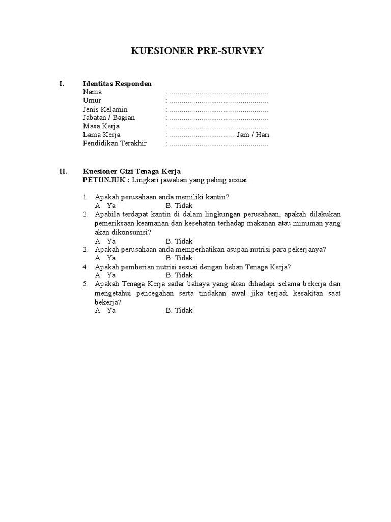 KUESIONER PRE-survey Status Gizi Pekerja | PDF