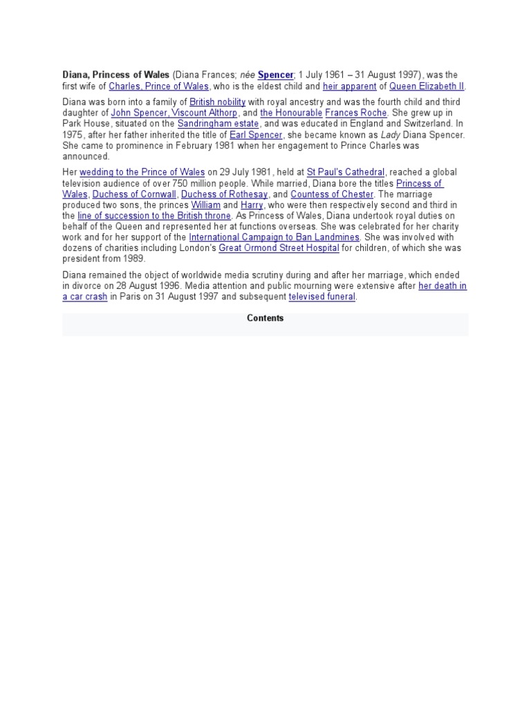 Diana, Princess of Wales (Diana Frances Née: Spencer | PDF