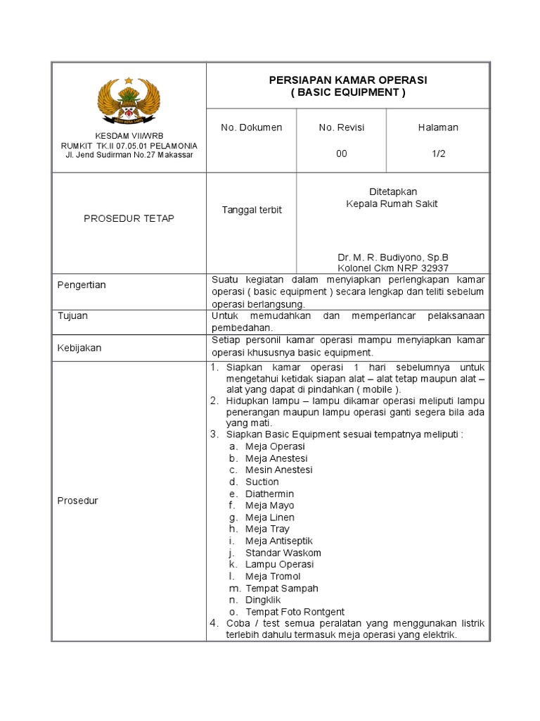 SOP Persiapan Kamar Operasi (Basic Equipment) | PDF