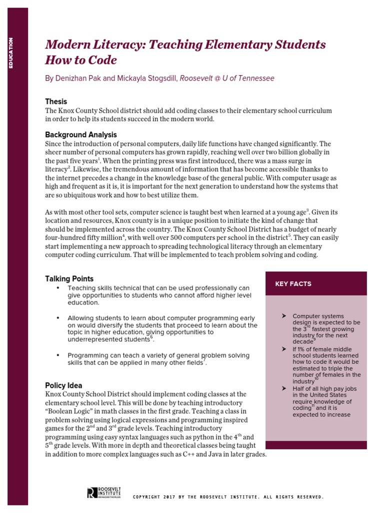 Modern Literacy: Teaching Elementary Students How To Code | PDF ...