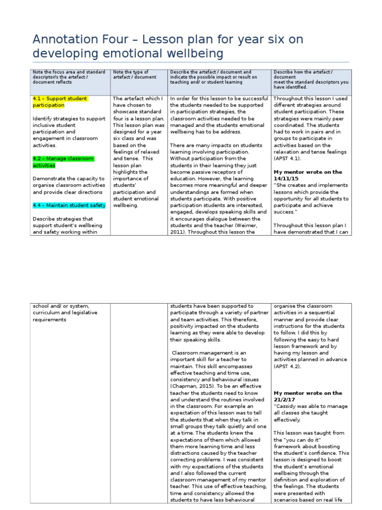 Annotation Four - Lesson Plan For Year Six On Developing Emotional ...