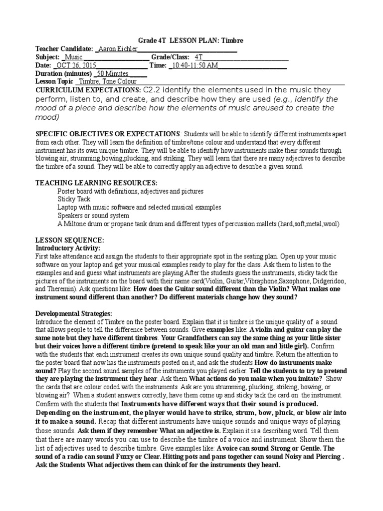 Lesson Plan Timbre Tone Colour | PDF | Musical Instruments | Violin