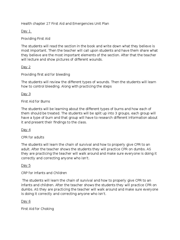 Health Chapter 27 First Aid and Emergencies Unit Plan | PDF | First Aid ...