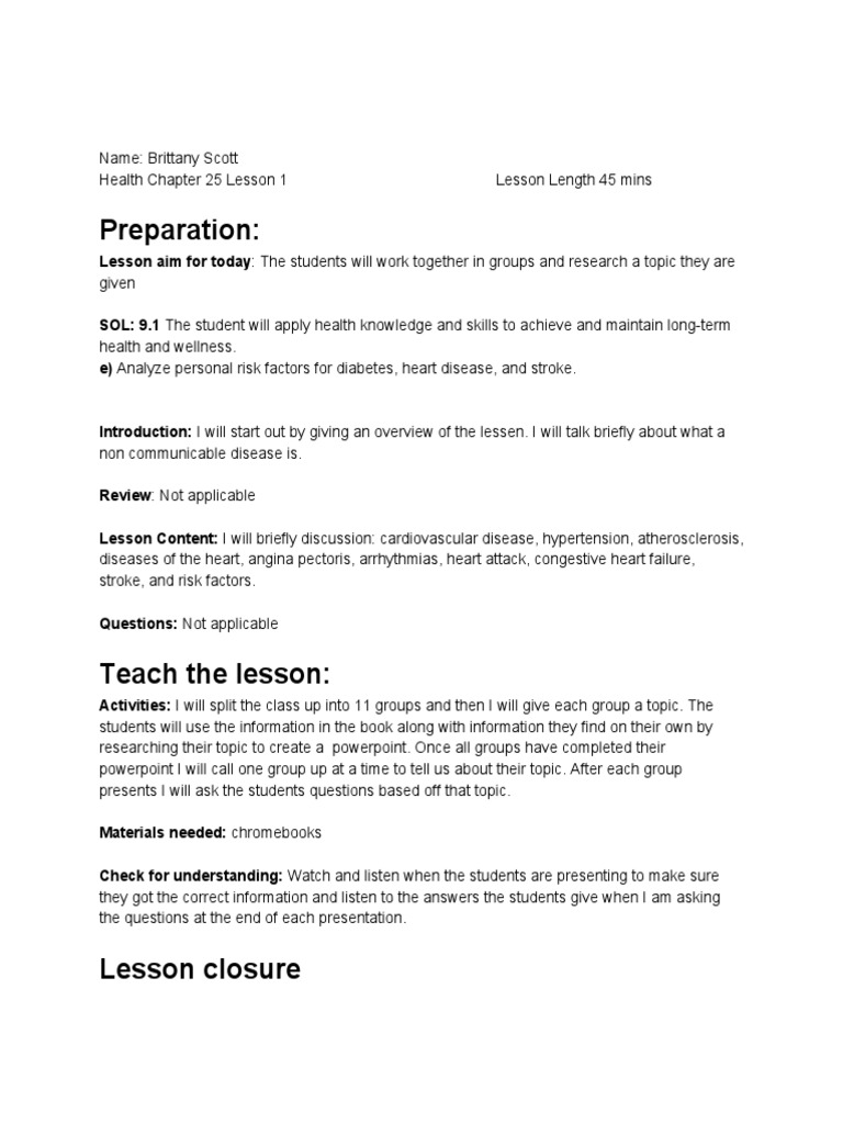 Health Lesson on Non-Communicable Diseases | PDF