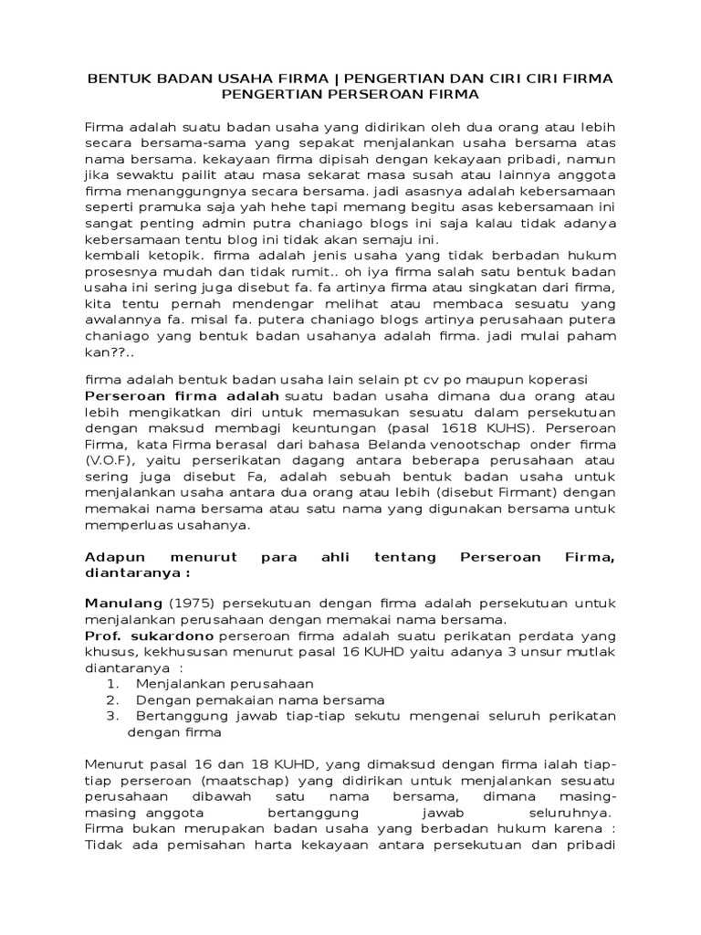 Bentuk Badan Usaha Firma | PDF
