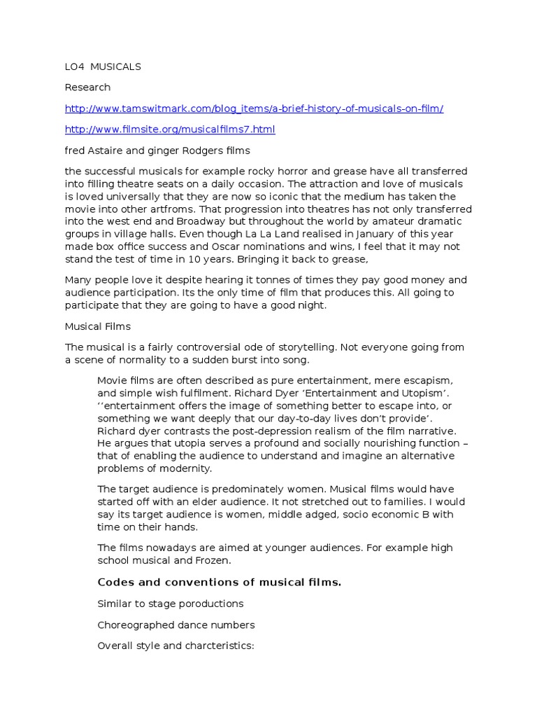 Codes and Conventions of Musical Films | PDF | Musical Theatre | Singing