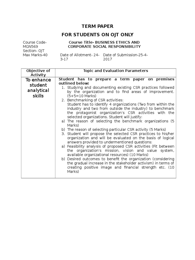 Term Paper For Students On Ojt Only: To Enhance Student Analytical ...