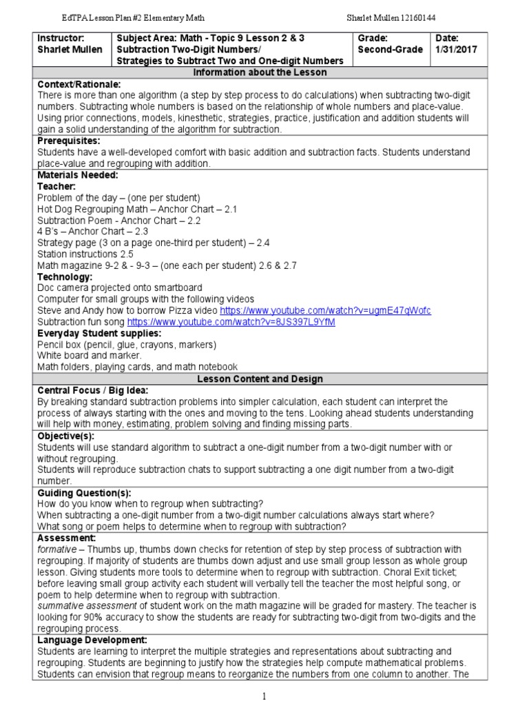 Edtpa Lesson Plan Example Elementary Math