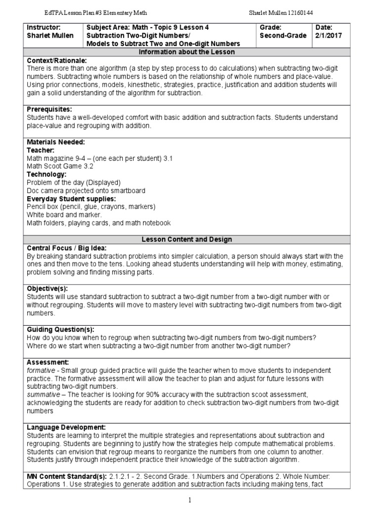 Edtpa Lesson Plan 3 Elemmath | PDF | Educational Assessment | Education ...