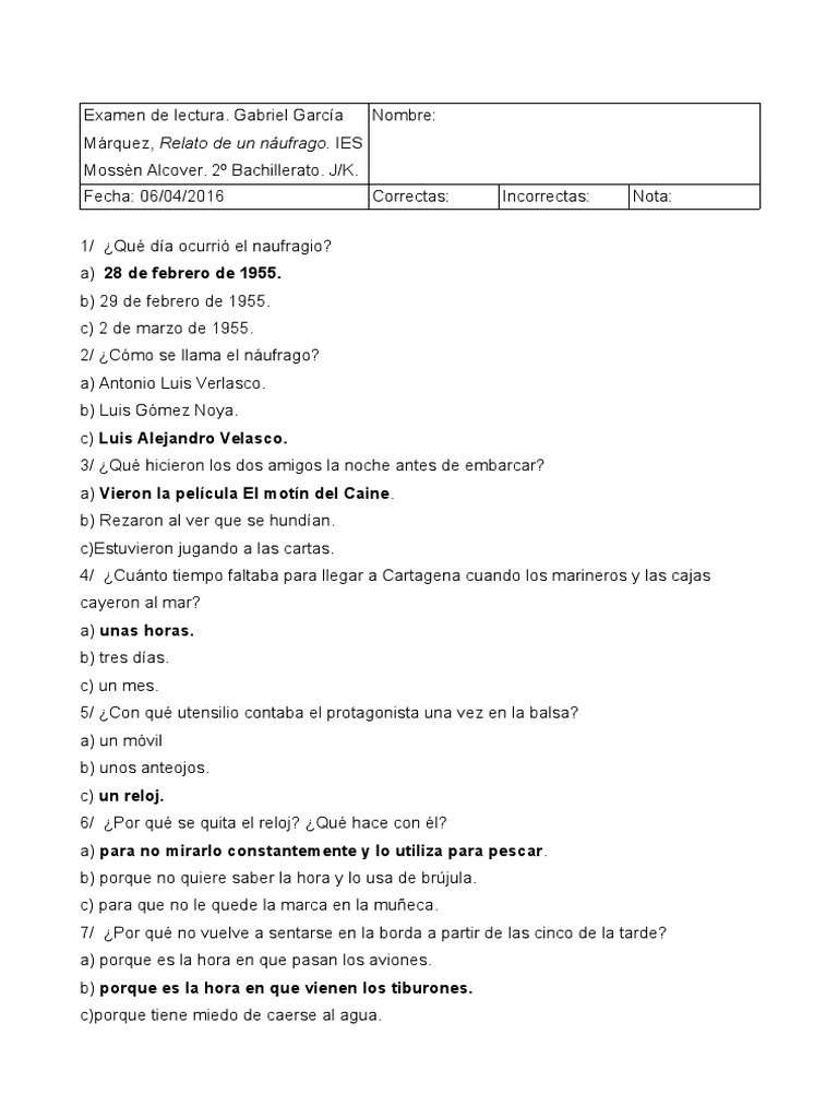 Solucionario Examen Relato de Un Náufrago. | PDF