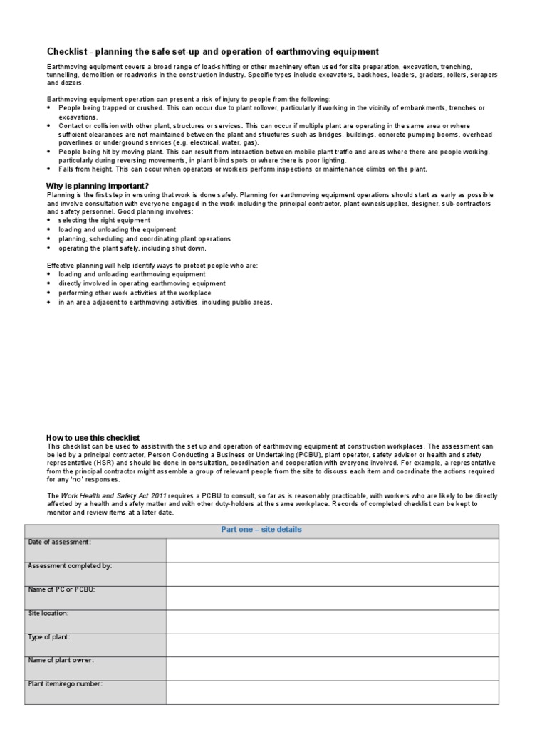 Earthmoving Checklist | Traffic | Heavy Equipment