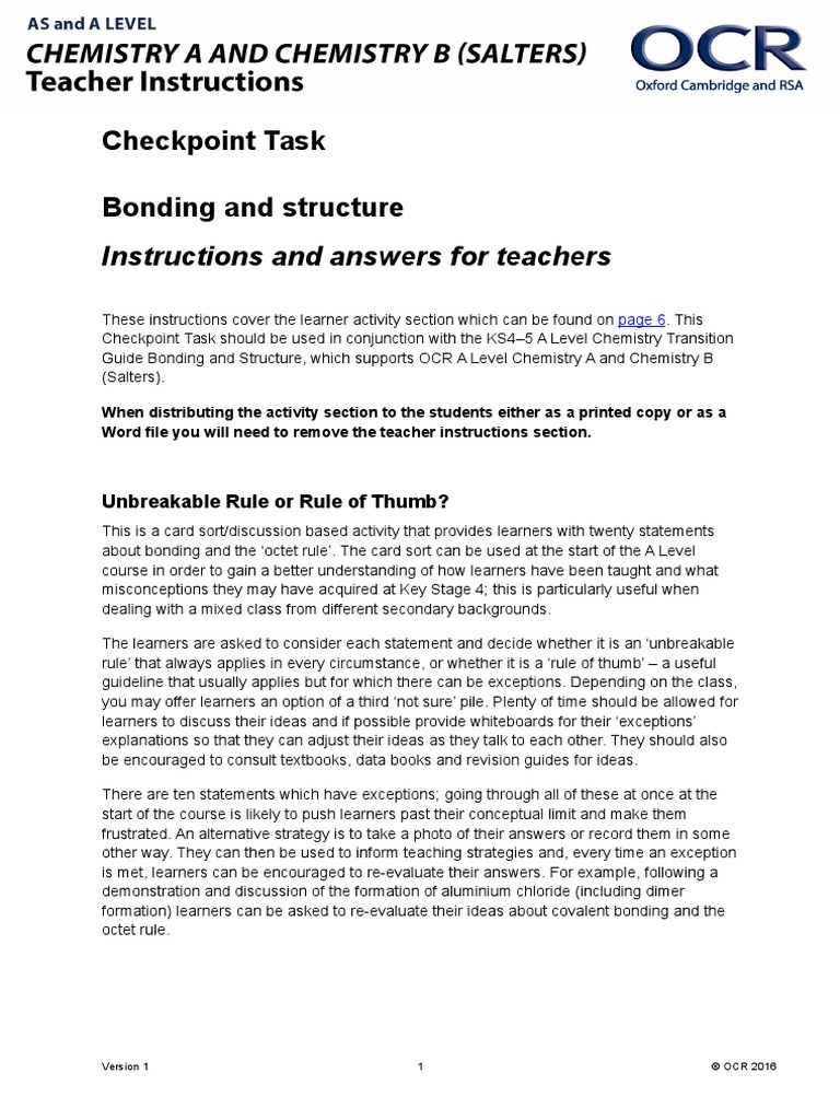 Bonding and Structure Transition Guide Checkpoint Task | PDF | Ion | Ionic Bonding
