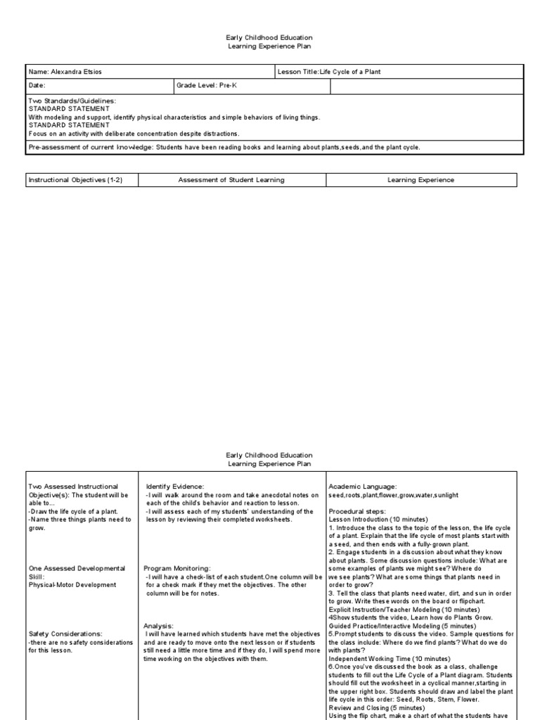 Early Childhood Education Learning Experience Plan | PDF | Early ...