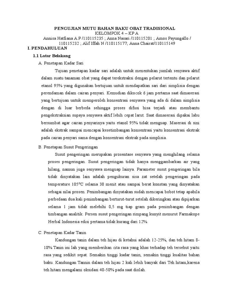 Pengujian Mutu Bahan Baku Obat Tradisional Pdf