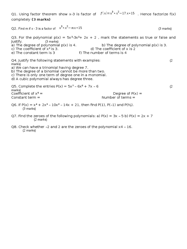 Polynomial Factorization, Degree, and Zeroes Practice Problems | PDF