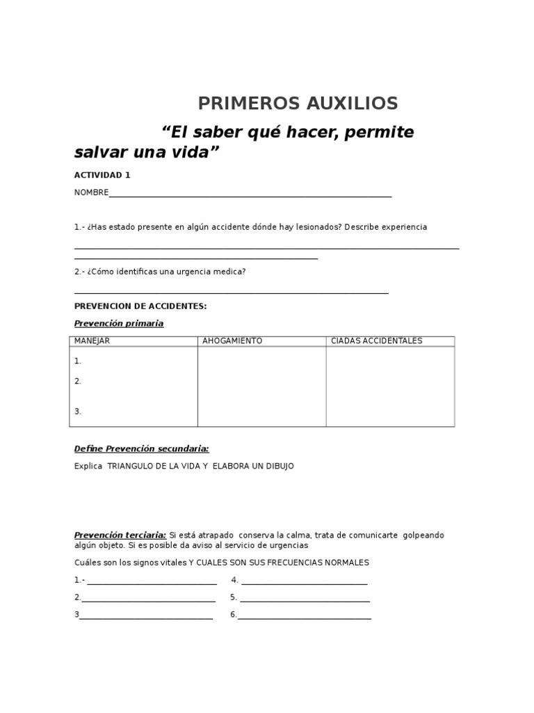 Actividades Primeros Auxilios | PDF | Reanimación cardiopulmonar | Especialidades Medicas