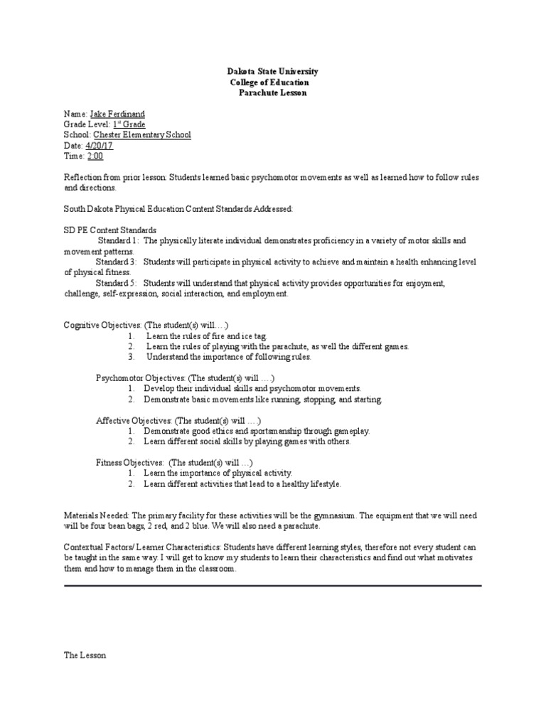 Parachute Lesson Plan | PDF | Physical Education | Sharing