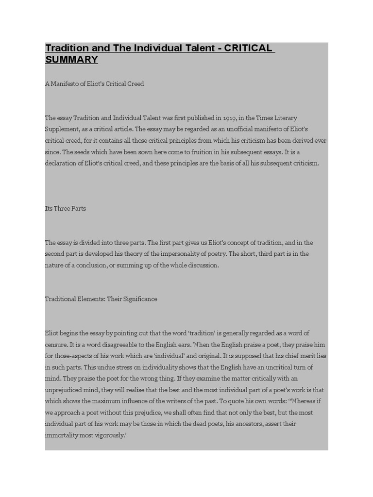 Eliot's Tradition and Talent Analysis | PDF | T. S. Eliot | Poetry