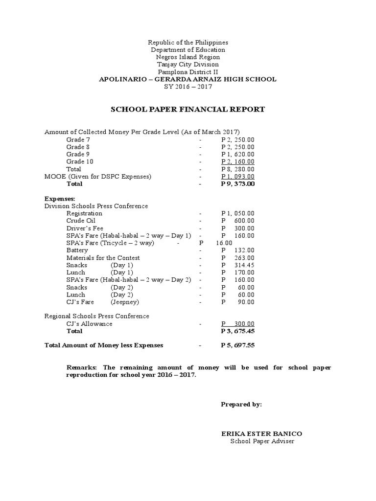 School Paper Financial Report | PDF