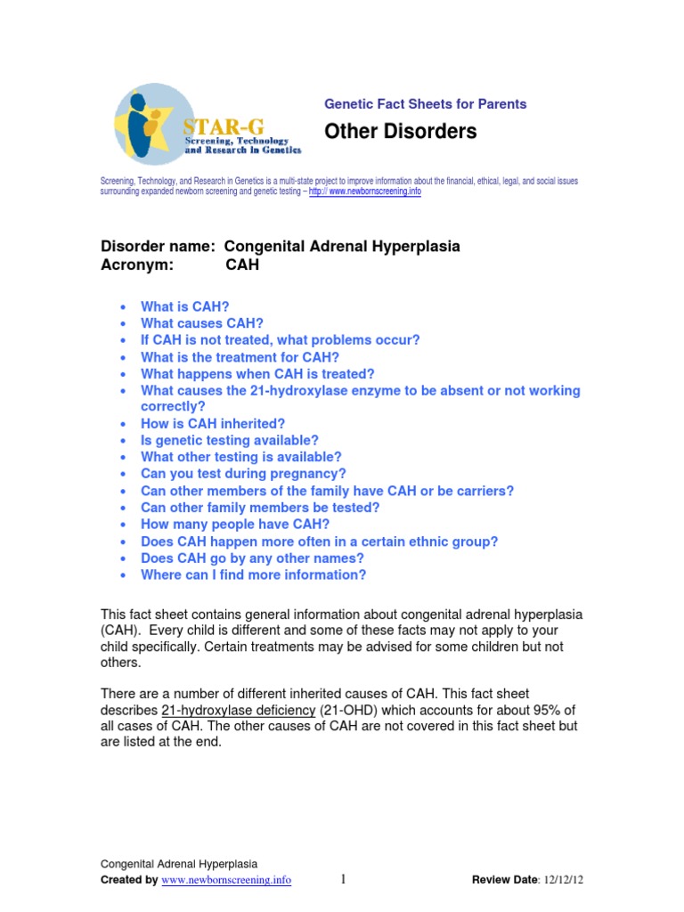 Other Disorders: Disorder Name: Congenital Adrenal Hyperplasia Acronym ...