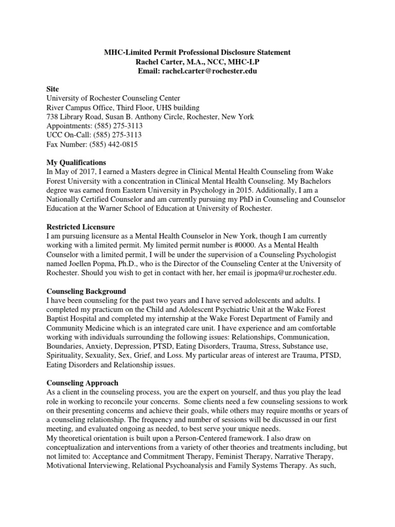 Rachel Carter Professional Disclosure Statement | PDF | Psychotherapy ...