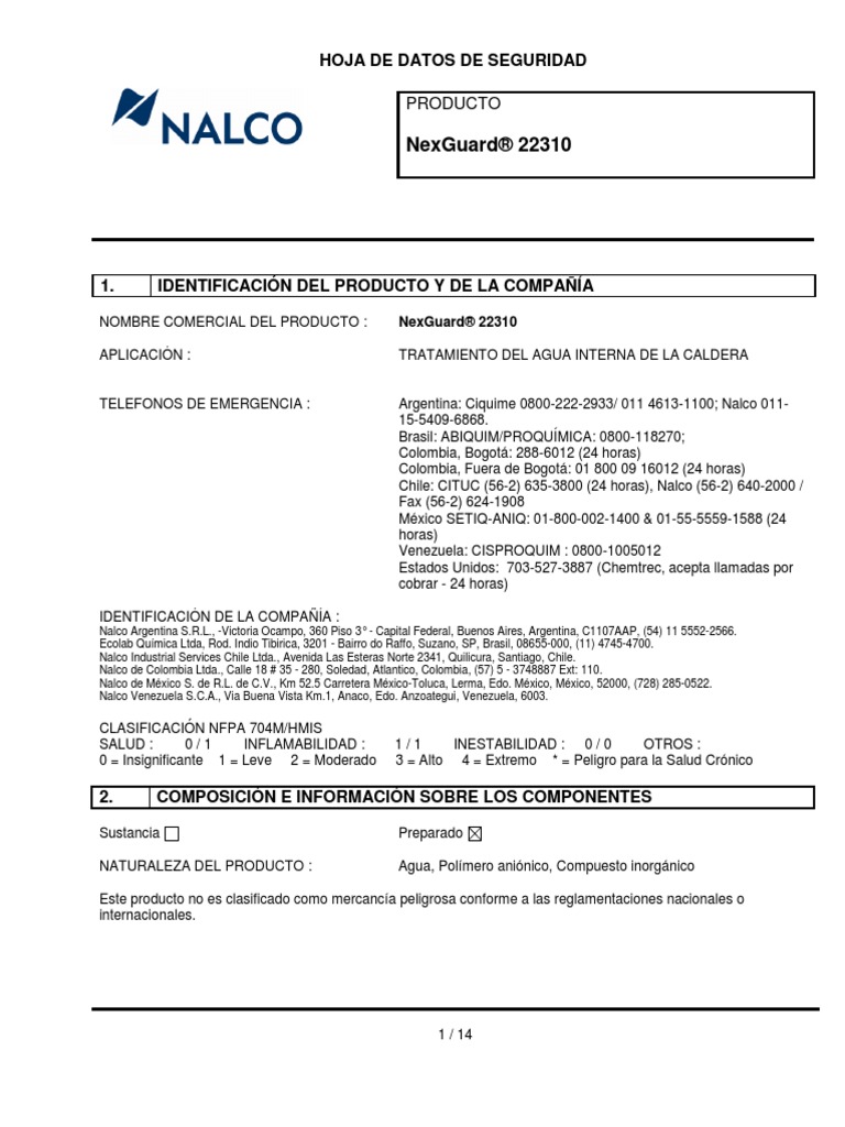 Hoja de Seguridad Nalco 22310 | PDF | Guante | Agua