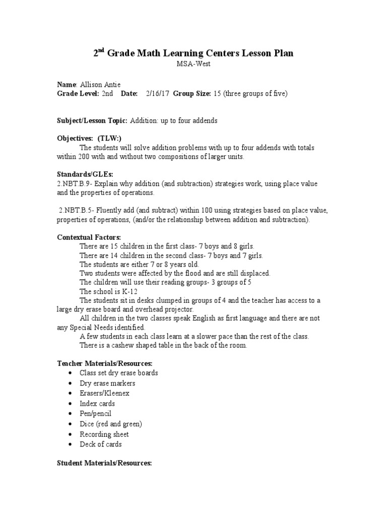 Math Learning Centers Lesson Plan | PDF | Playing Cards | Pedagogy