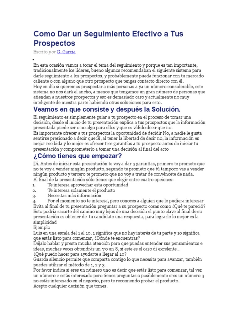 Como Dar Un Seguimiento Efectivo A Tus Prospectos | PDF | Plan de ...