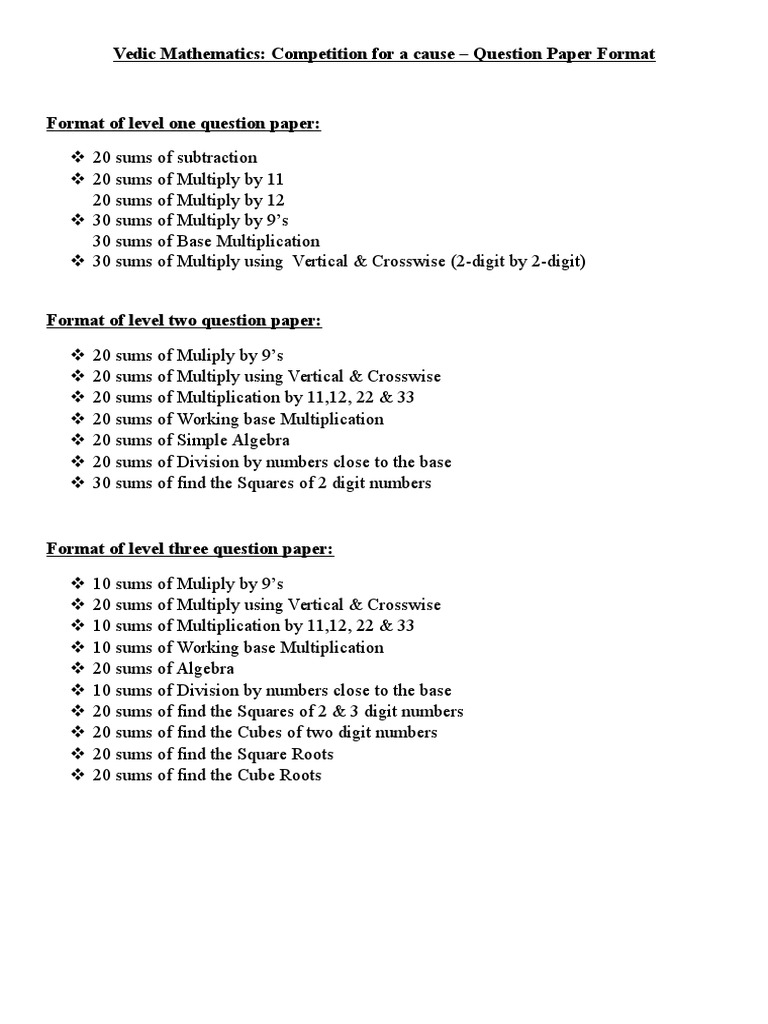 Vedic Mathematics: Competition For A Cause - Question Paper Format | PDF