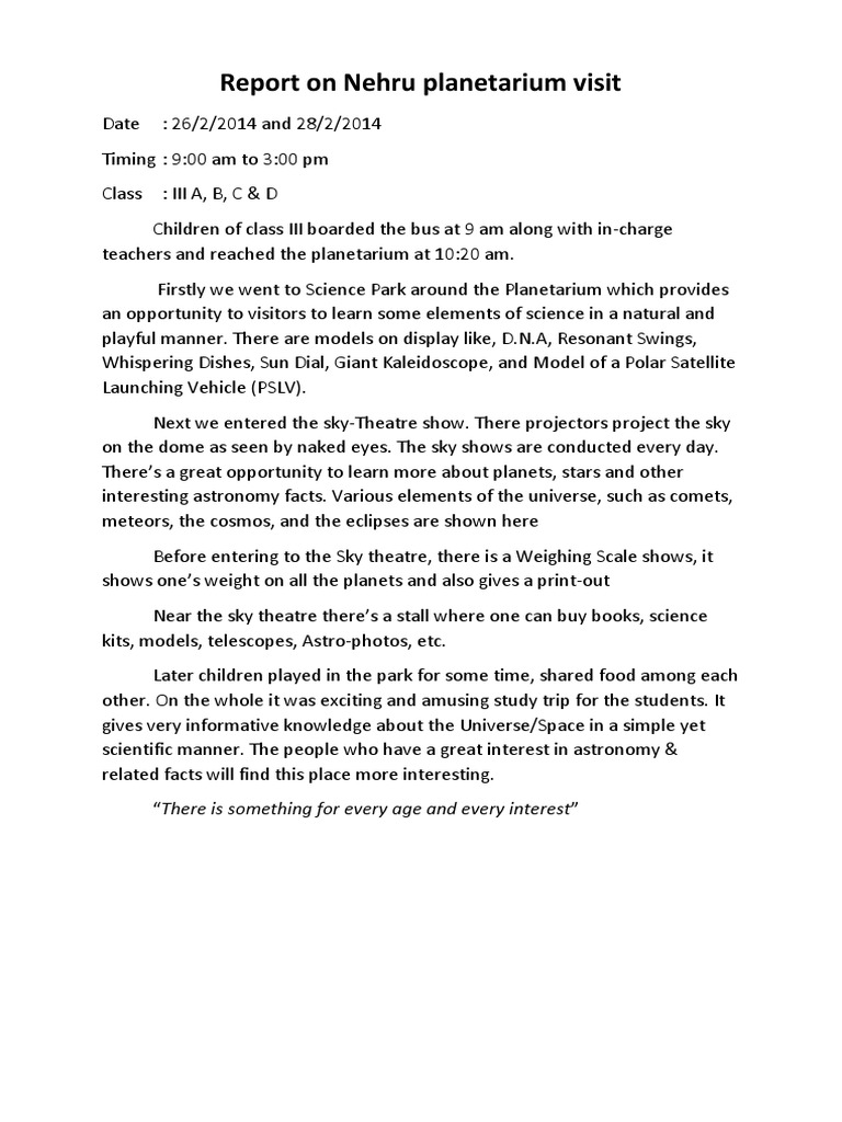 Report On Nehru Planetarium Visit | PDF