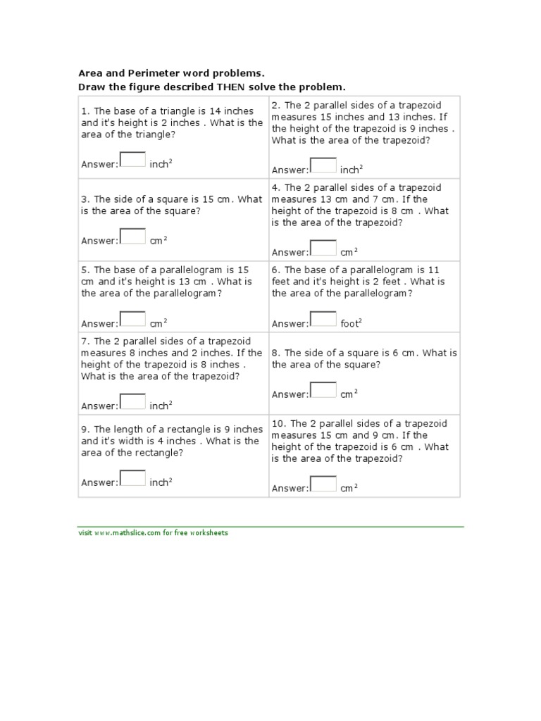 Area and Perimeter Word Problems | PDF | Area | Euclidean Geometry