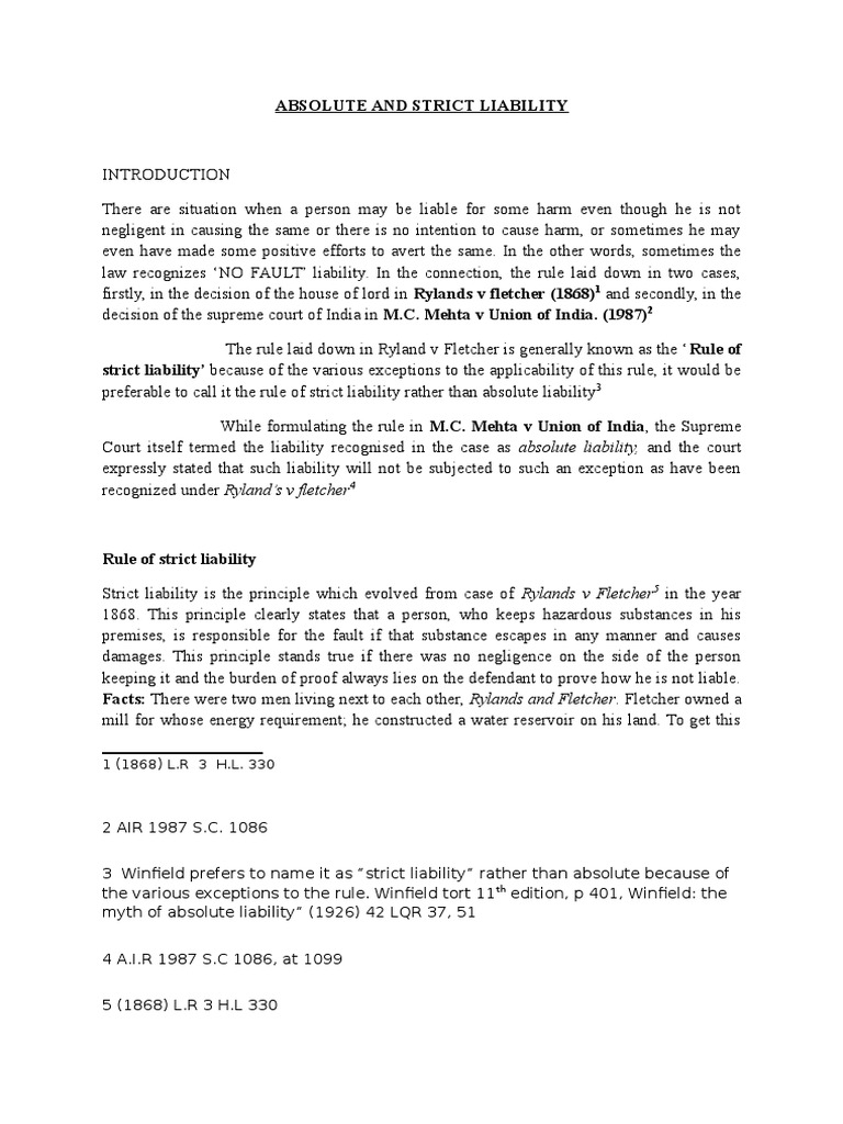 Absolute and Strict Liability | PDF | Tort | Strict Liability