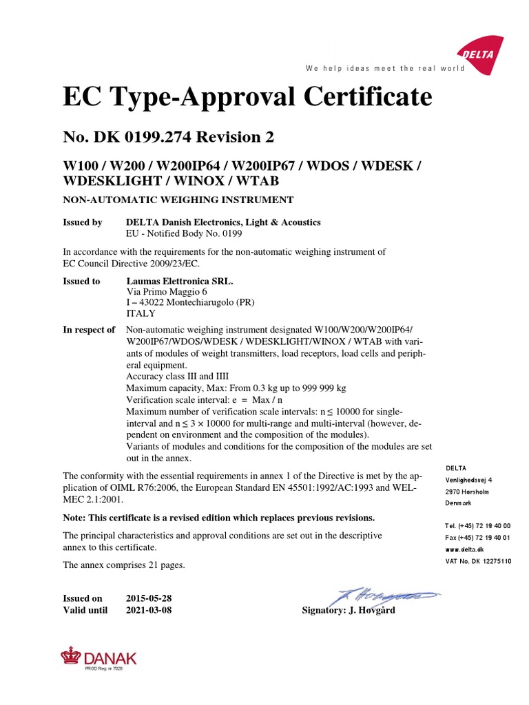 EC Type-Approval Certificate No. DK0199.274 Revision 2 | PDF
