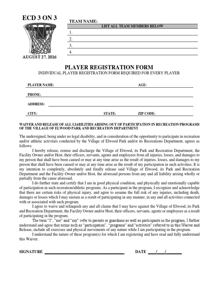 Elwood Park 3-on-3 Basketball Waiver | PDF | Social Institutions ...