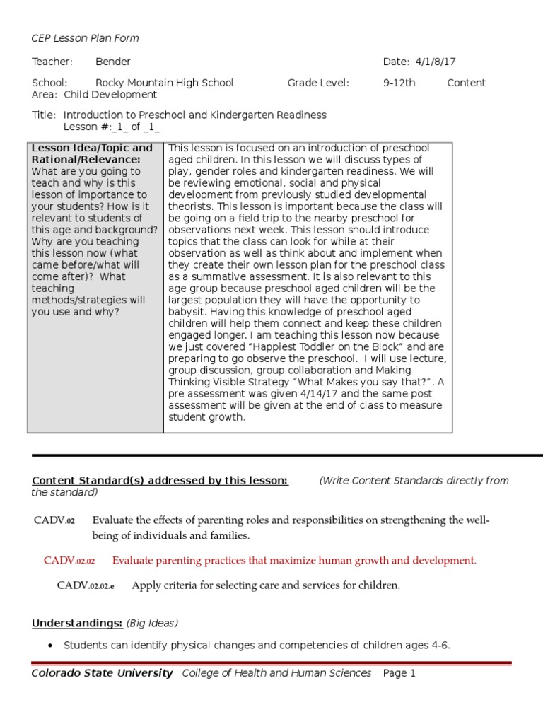 Lesson Idea/Topic and Rational/Relevance:: CEP Lesson Plan Form | PDF ...