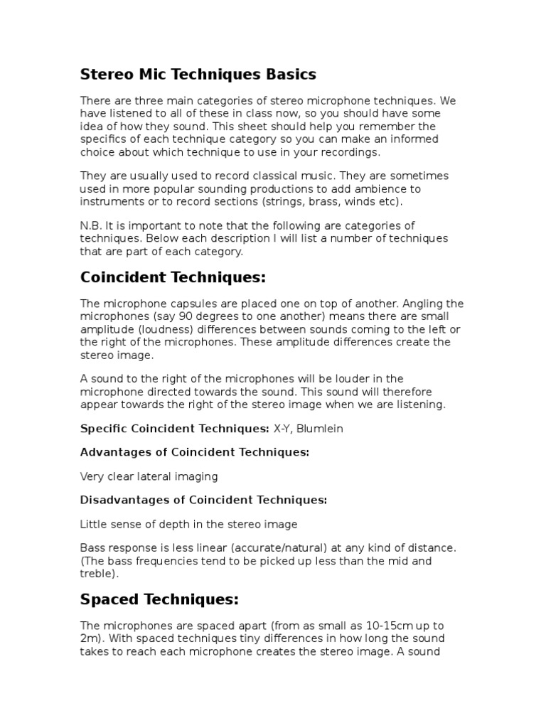 Stereo Mic Techniques Basics | PDF | Microphone | Sound Recording