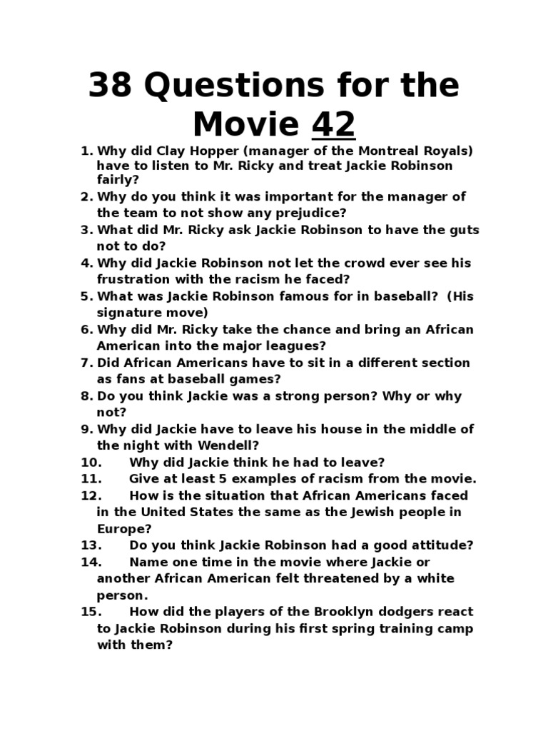 42 Movie Discussion Questions | PDF | Jackie Robinson | Los Angeles Dodgers