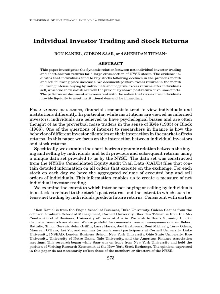 Individual Investor Trading and Stock Returns: Ron Kaniel, Gideon Saar ...
