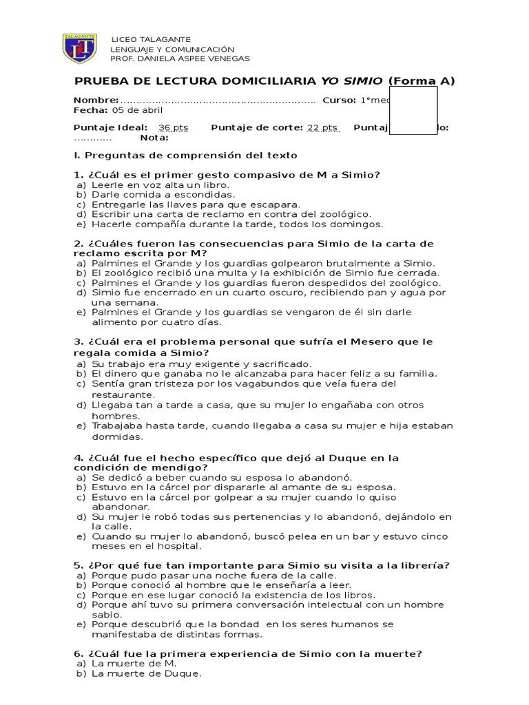Prueba de Lectura Yo Simio Forma A | PDF | Narración | Ocio