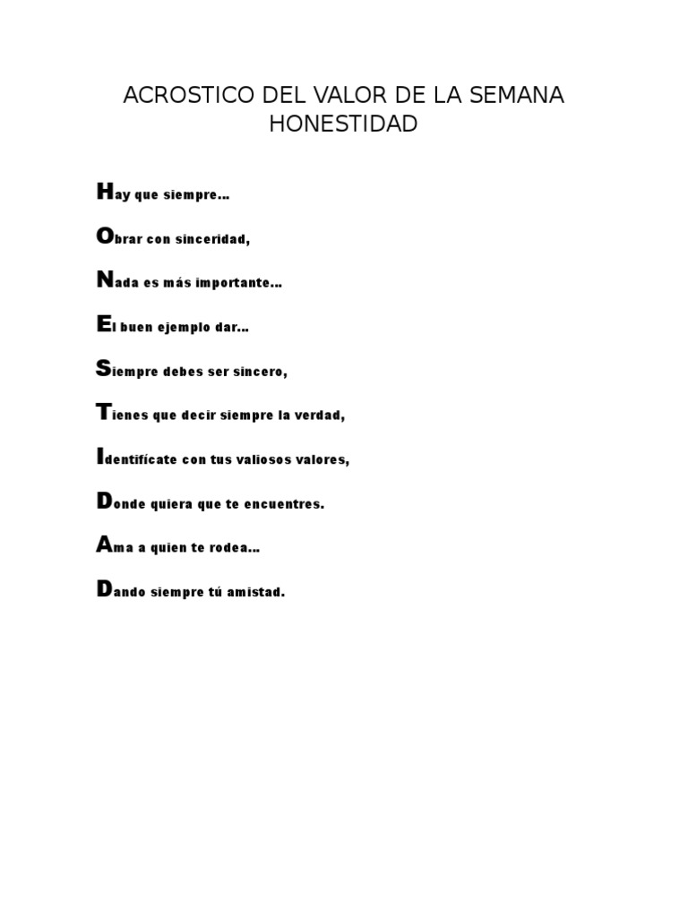 Acrostico Del Valor de La Semana Honestidad | PDF