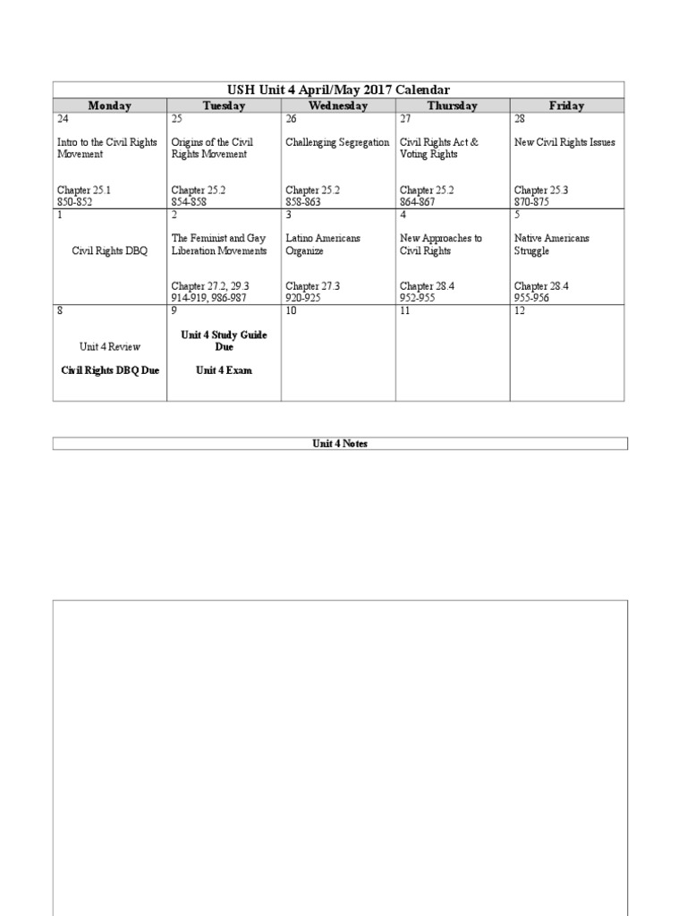 Ush Unit 4 Calendar 2017 | PDF