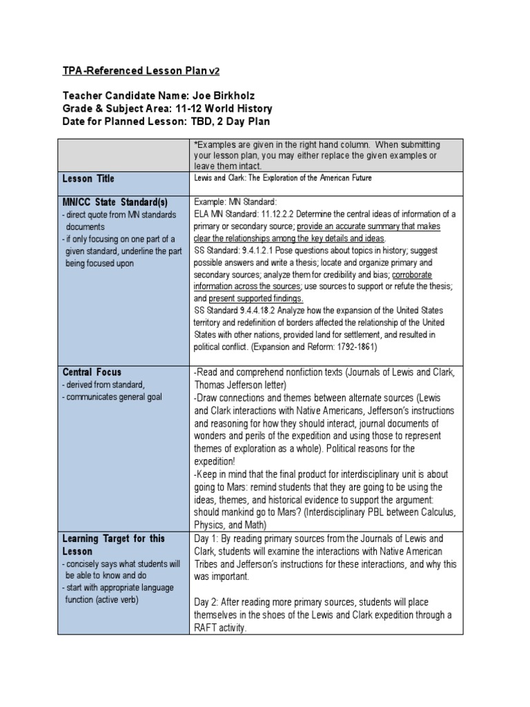 TPA-Referenced Lesson Plan Teacher Candidate Name: Joe Birkholz Grade ...