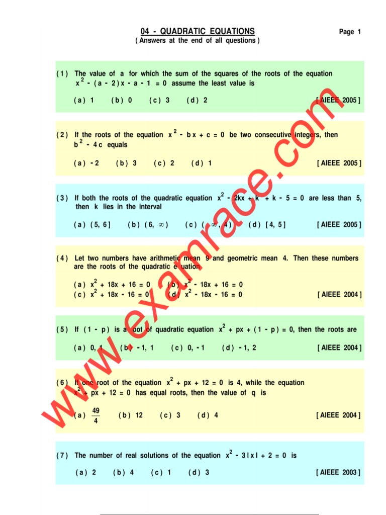 Mathematics Quadratic Equation MCQ | PDF | Algebra | Teaching Mathematics