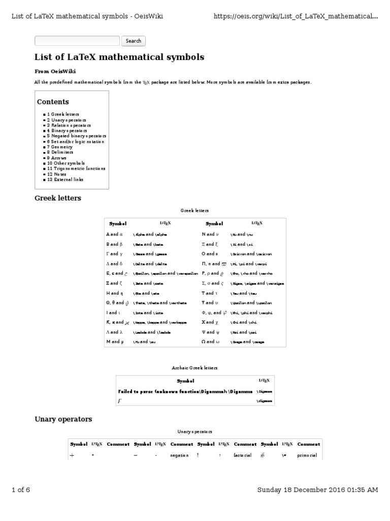 List Of Latex Mathematical Symbols - Oeiswiki | Pdf | Greek Alphabet 