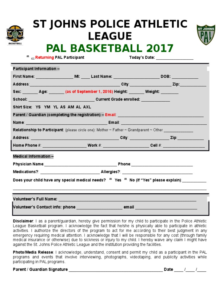 2017 Pal Basketball Registration Form | PDF