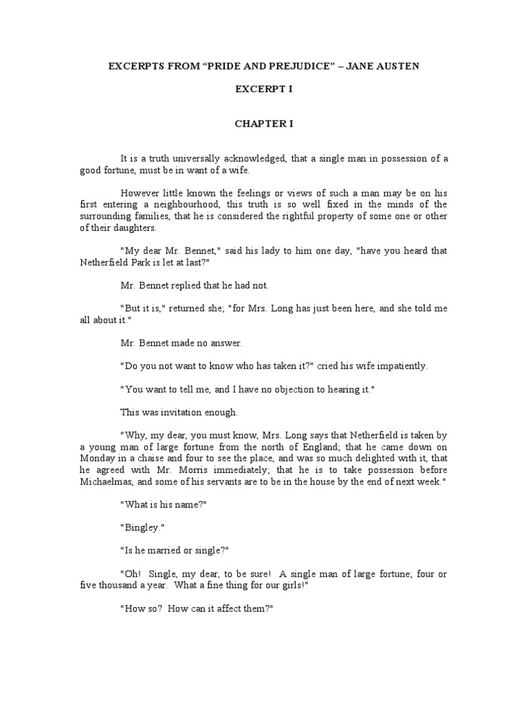 Excerpts From Pride and Prejudice - Jane Austen | PDF | Pride And ...