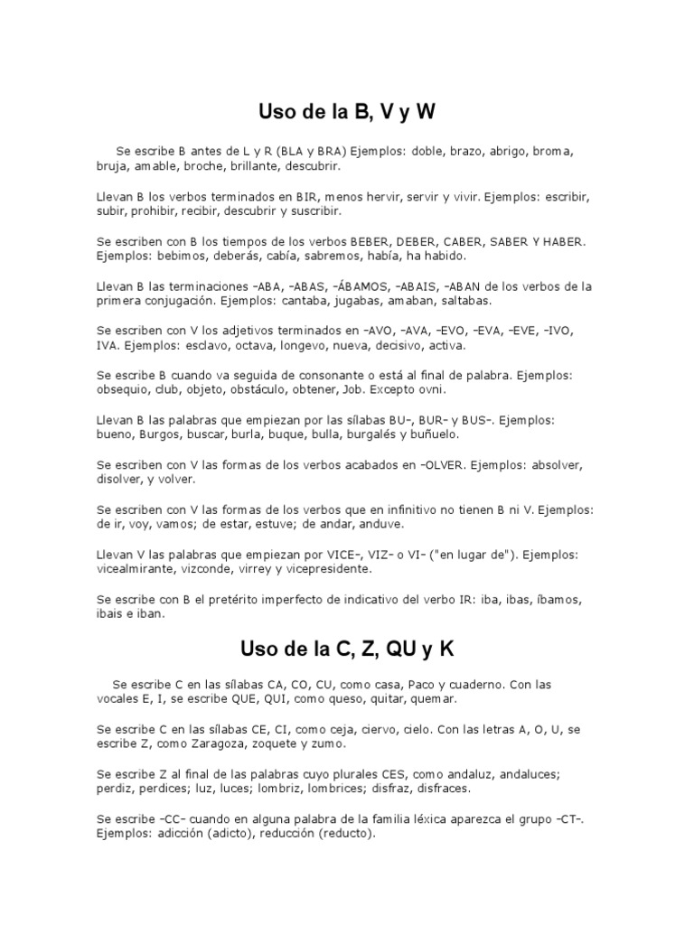 Uso de las letras B, V, W, C, Z, QU, K, G, J, Y, LL y H: reglas ...