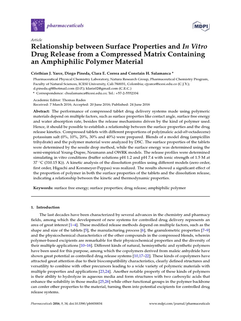 Article Drug Release From Compressed Matrix Pdf Wetting Surface Tension
