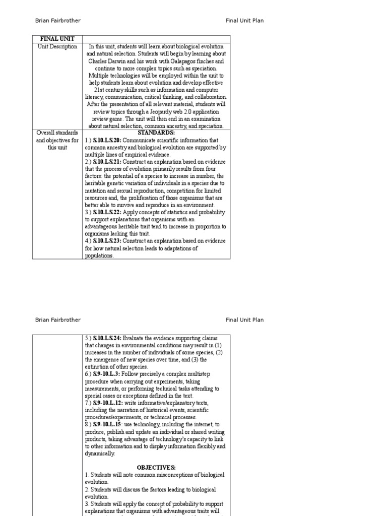Brian Fairbrother Final Unit Plan | PDF | Natural Selection | Evolution