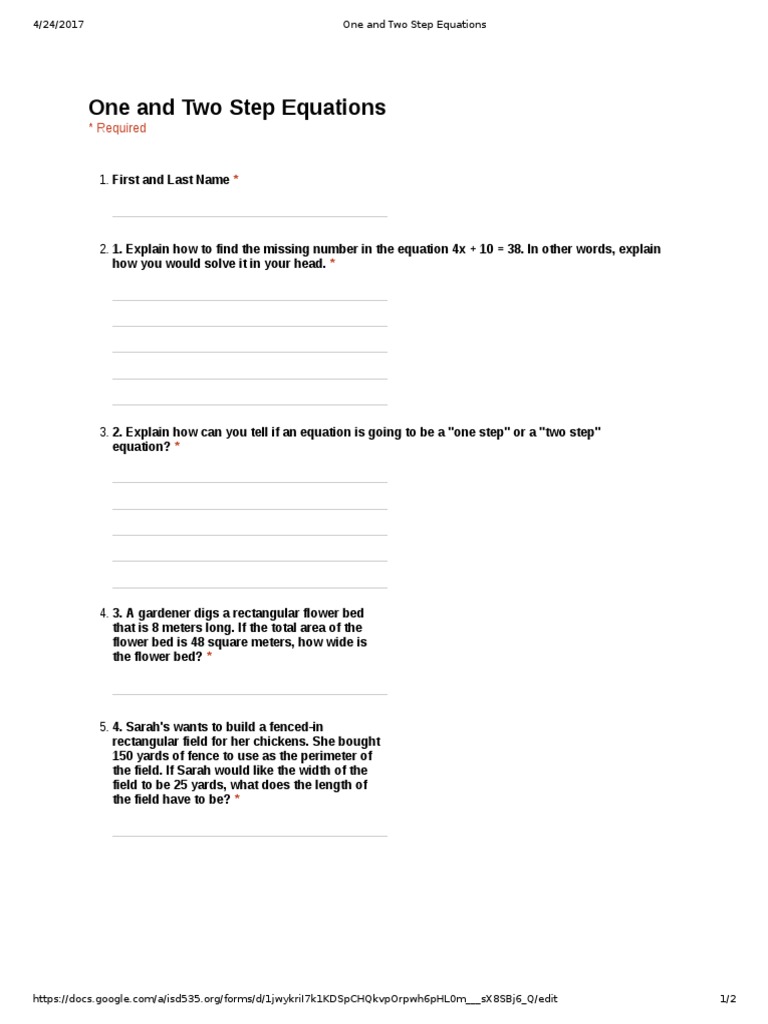 One and Two Step Equations - Google Forms | PDF | Teaching Mathematics ...
